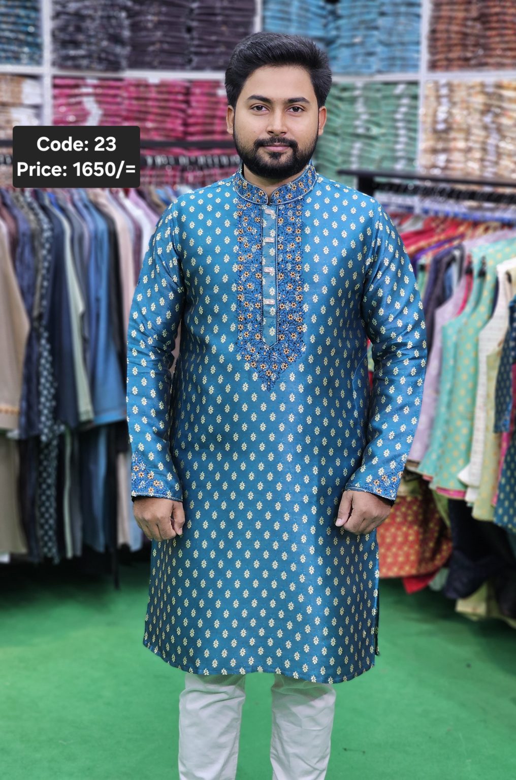 Turquoise Color Embroidered Katan Panjabi – Dgi Fashion